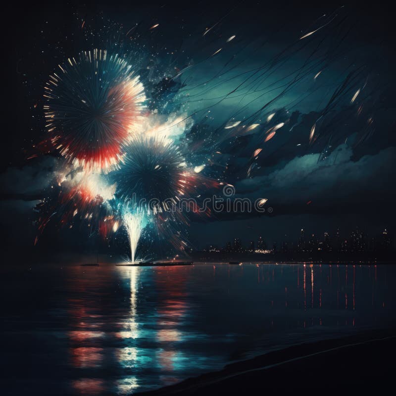 Multi Coloured Fireworks Exploding Over Water, Created Using Generative ...