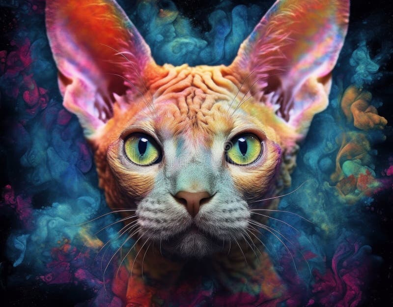 Multi Coloured Illustration Art, the Head of a Devon Rex Cat Painted ...