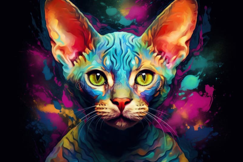 Multi Coloured Illustration Art, the Head of a Devon Rex Cat Painted ...