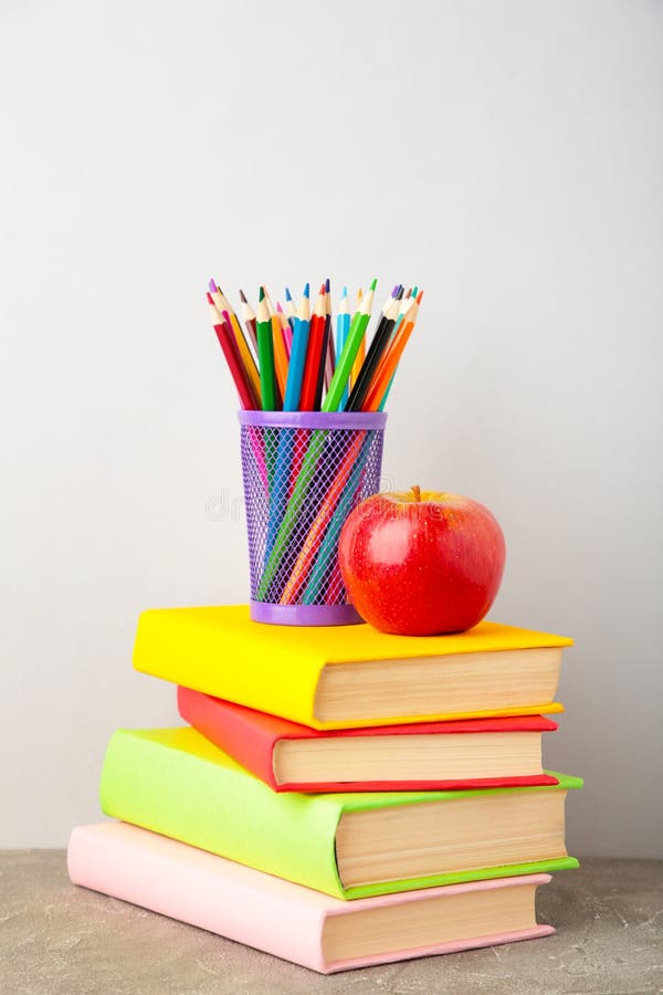 Multi Coloured School Books and Stationery on Grey Background Stock ...