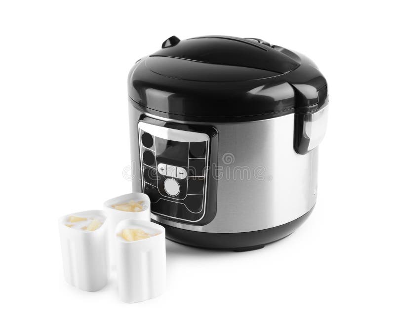 Multi Cooker with Cups of Pineapple Yogurt Isolated on Stock Photo ...