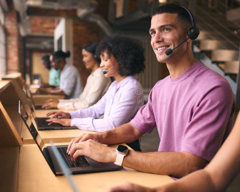 Multi-Cultural Customer Support or Telesales Team in Modern Open Plan ...