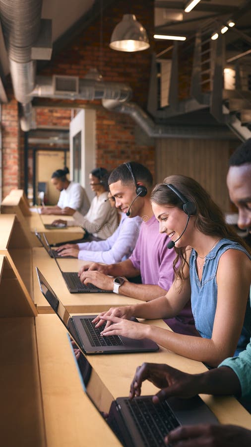 Multi-Cultural Customer Support or Telesales Team in Modern Open Plan ...