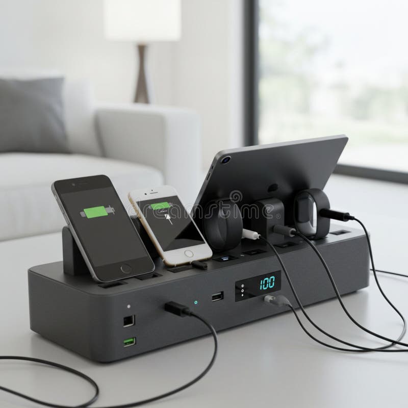 A Multi-device Charging Station is Placed on a White Table, Featuring ...