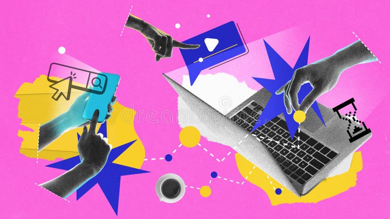 Multi-device Strategy. Hands Interact with Phone Search, Video Play ...