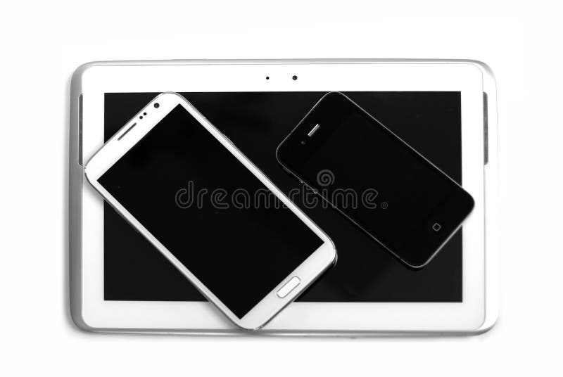 Modern White Tablet, Cell Phone and Cup of Coffee Isolated Over White ...