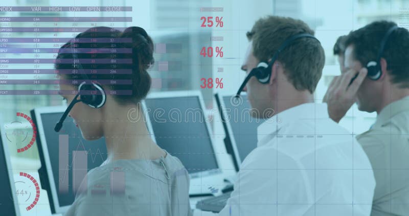 Multi-ethnic Call Center Workers with Stats and Graphs Overlay, Smiling ...