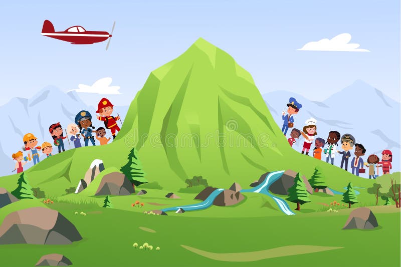 Multi Ethnic Children in Different Occupation Climbing Mountain Vector ...