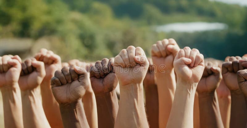 The Multi-ethnic Crowd of People Raised Their Fists in the Air. Stock ...
