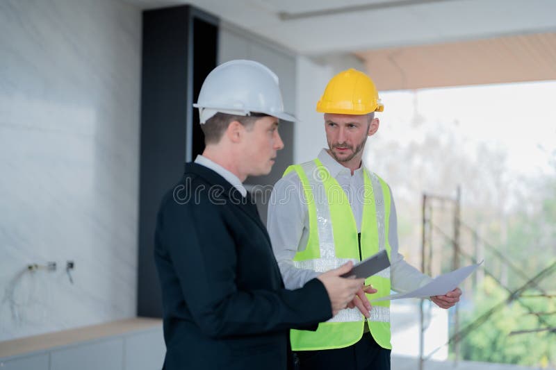 Engineer Brainstorming and Measuring for Cost Estimating on Blueprint ...