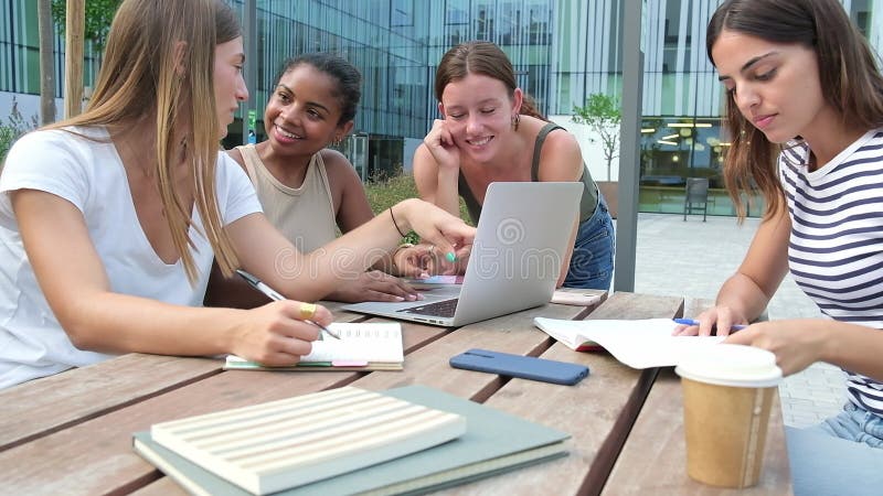 Multi Ethnic Female University Students Studying and Doing Homework ...