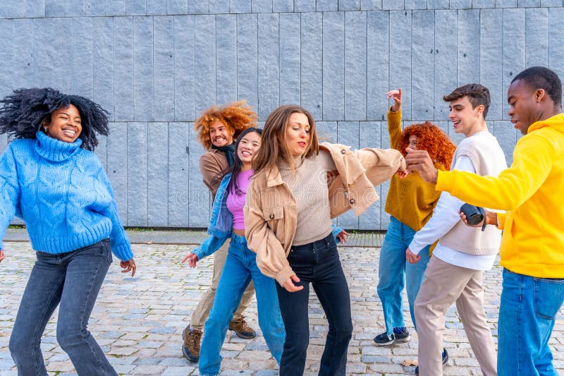 Multi-ethnic Friends Dancing Together in the Street Stock Image - Image ...