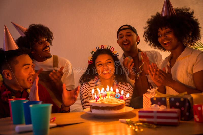 Multi-ethnic Group of Friends at a Birthday Party, Celebrating the ...