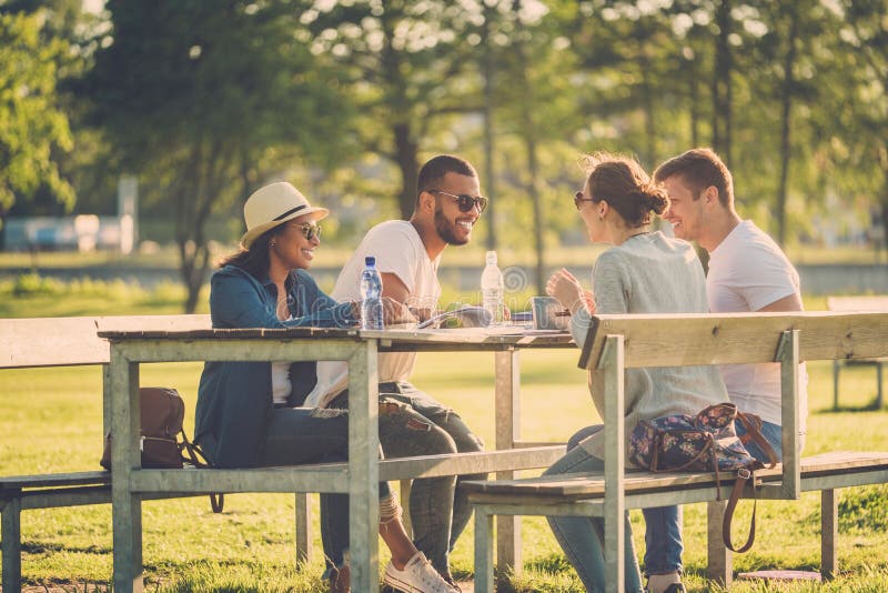 Multi-ethnic Group of Friends Chatting in a Park Stock Image - Image of ...