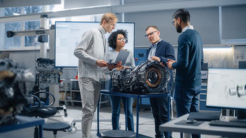 Multi Ethnic Group of Young Specialists Talk with Chief Engineer. Professionals Using Laptop and ...
