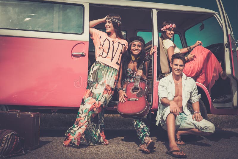 Hippie Friends in a Van on a Road Trip Stock Photo - Image of road ...