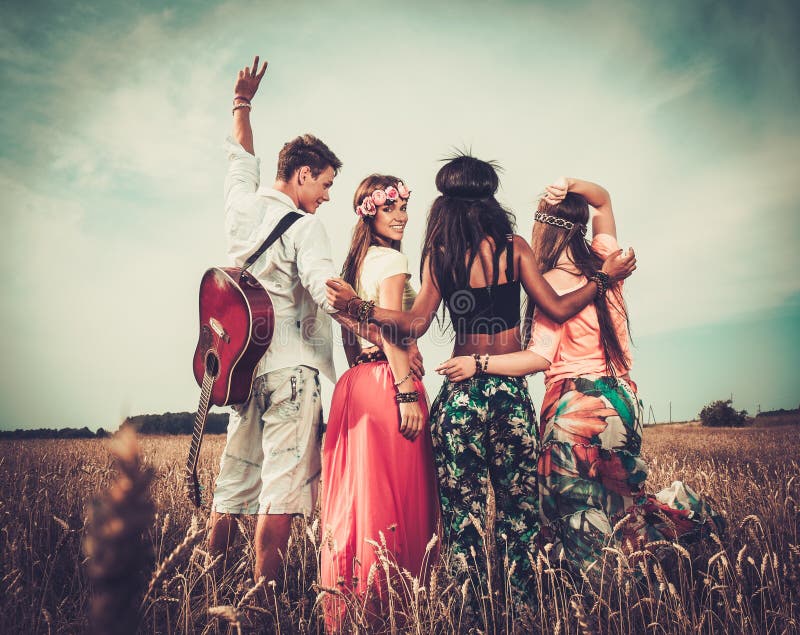 Multi-ethnic Hippie Friends in a Wheat Field Stock Image - Image of ...