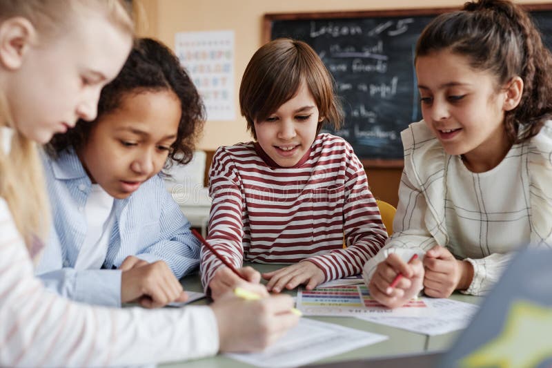 Multi-ethnic Kids during English Class Stock Photo - Image of talk ...
