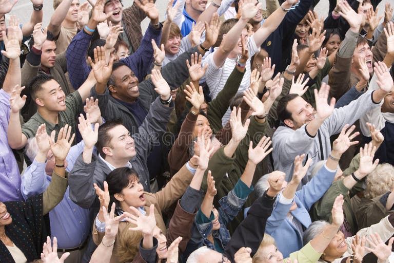 Multi Ethnic People Raising Hands Together Stock Photo - Image of ...