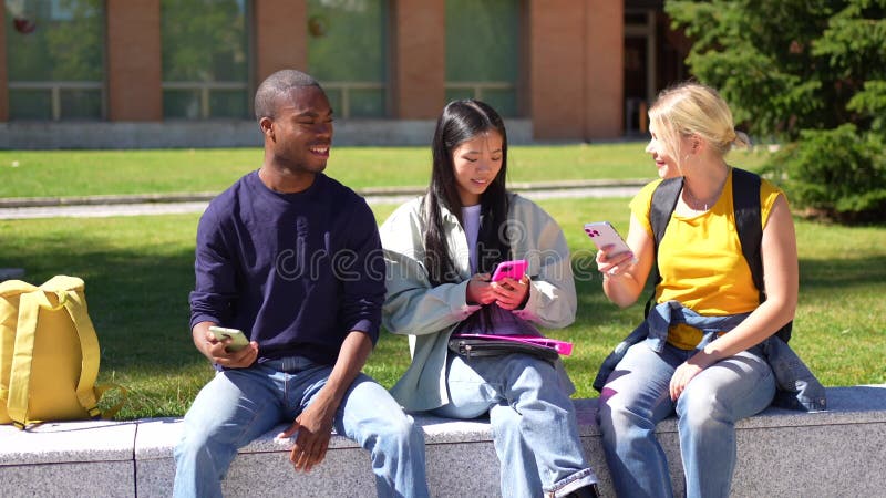 Multi-ethnic Students Sitting Using Mobile in the Campus Stock Footage ...
