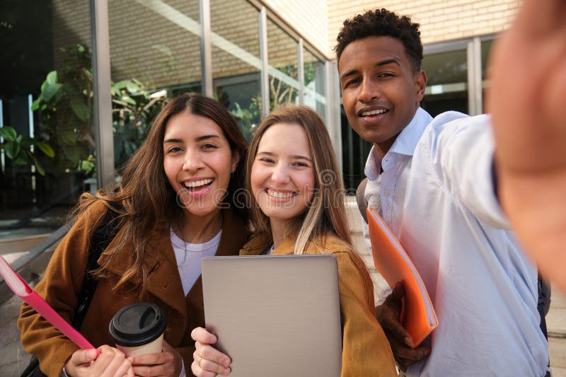 Multi Ethnic Students Taking Selfie Outside University Building Stock ...