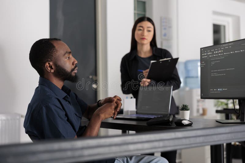 Multi Ethnic System Engineers Collaborating On Programming Project Compiling Algorithm Stock 5631
