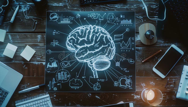 A Multi-exposure Image of a Brain Sketch on a Work Desk, Top View Stock ...