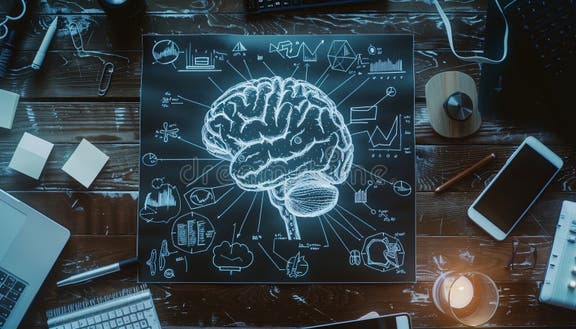 A Multi-exposure Image of a Brain Sketch on a Work Desk, Top View Stock ...