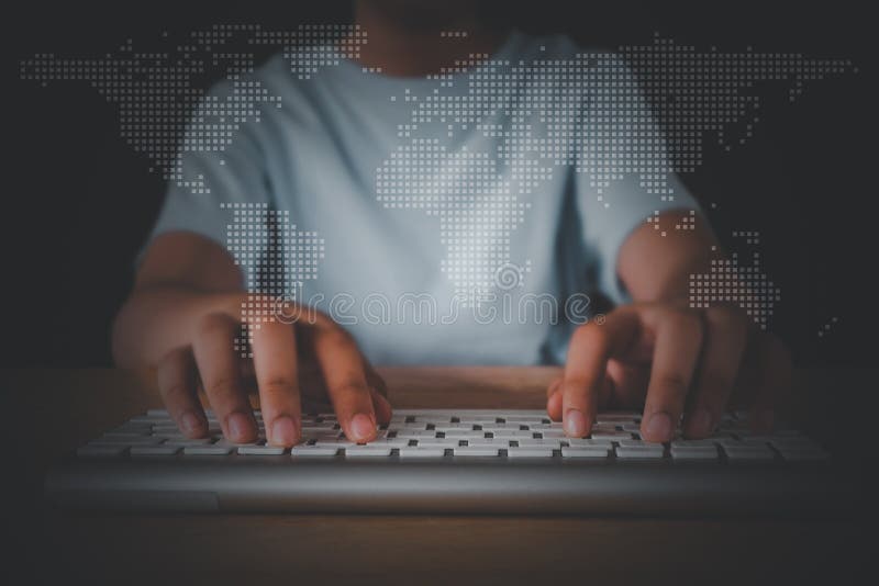 Multi Exposure of Woman Hands Searching on Internet with Digital World ...