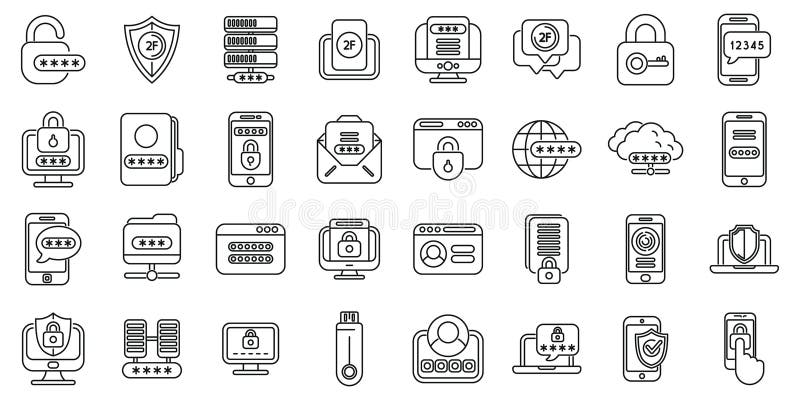 Multi Factor Authentication Icons Set Outline Vector. Password Security ... Multi Factor Authentication Icons Set Outline Vector. Password Security ...