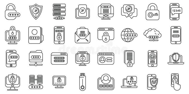 Multi Factor Authentication Icons Set Outline Vector. Password Security Stock Vector ...