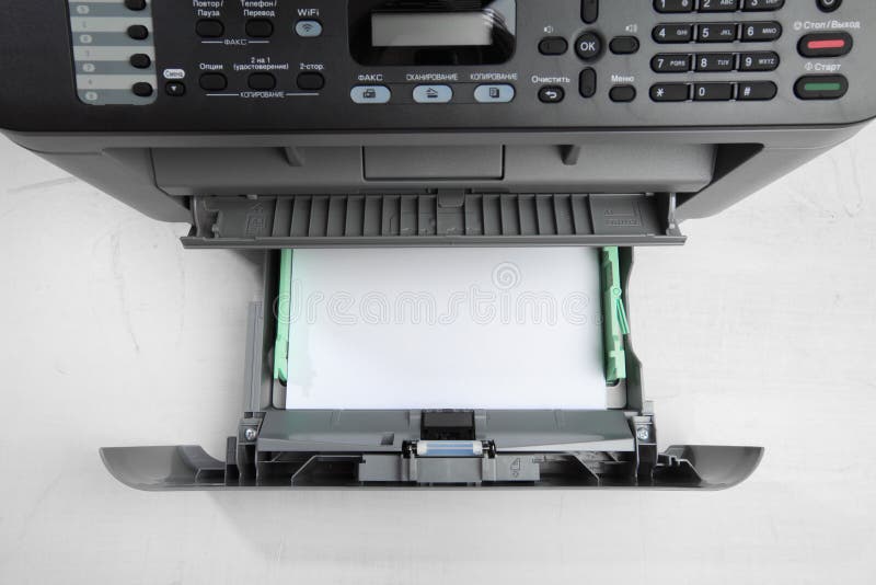 A Multi Function Printer, Copier, Scanner on Office Table. Top View ...