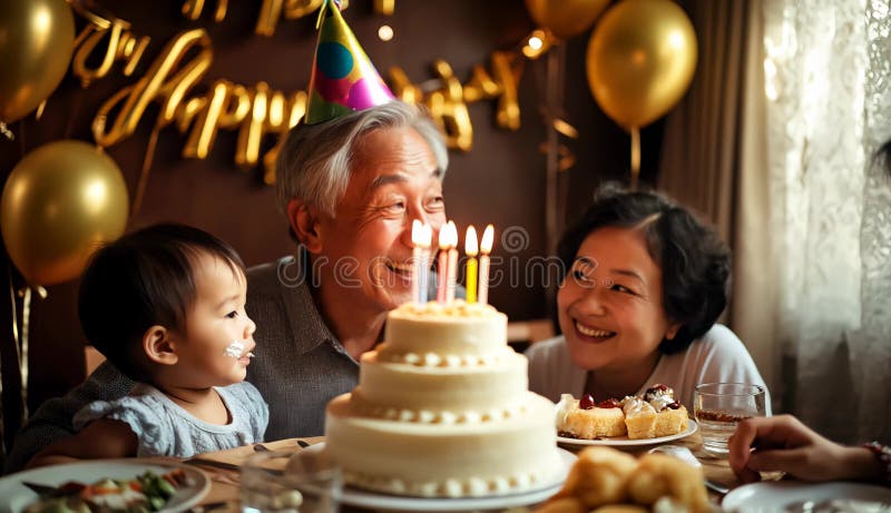 A Multi-generational Asian Family Gathers Around a Decorated Dining ...