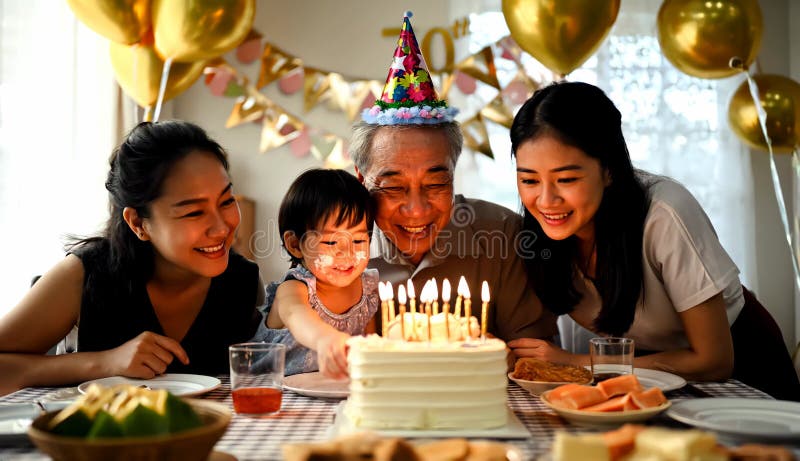 A Multi-generational Asian Family Gathers Around a Decorated Dining ...