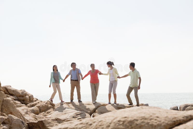 Multi-generational Family Holding Hands on Rocks by the Sea Stock Photo ...