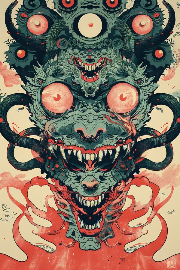 A Multi-headed Creature with Serpents Coiled Around Its Body, Featuring ...