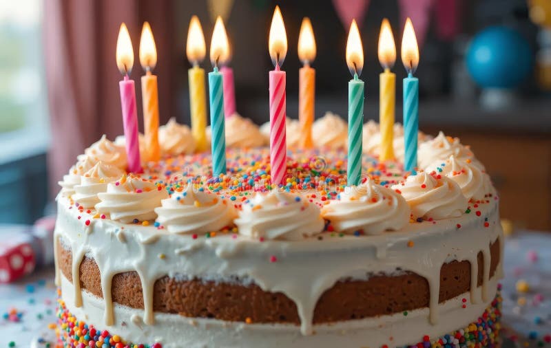 A Multi-layered Birthday Cake with Brightly Colored Frosting, Icing ...