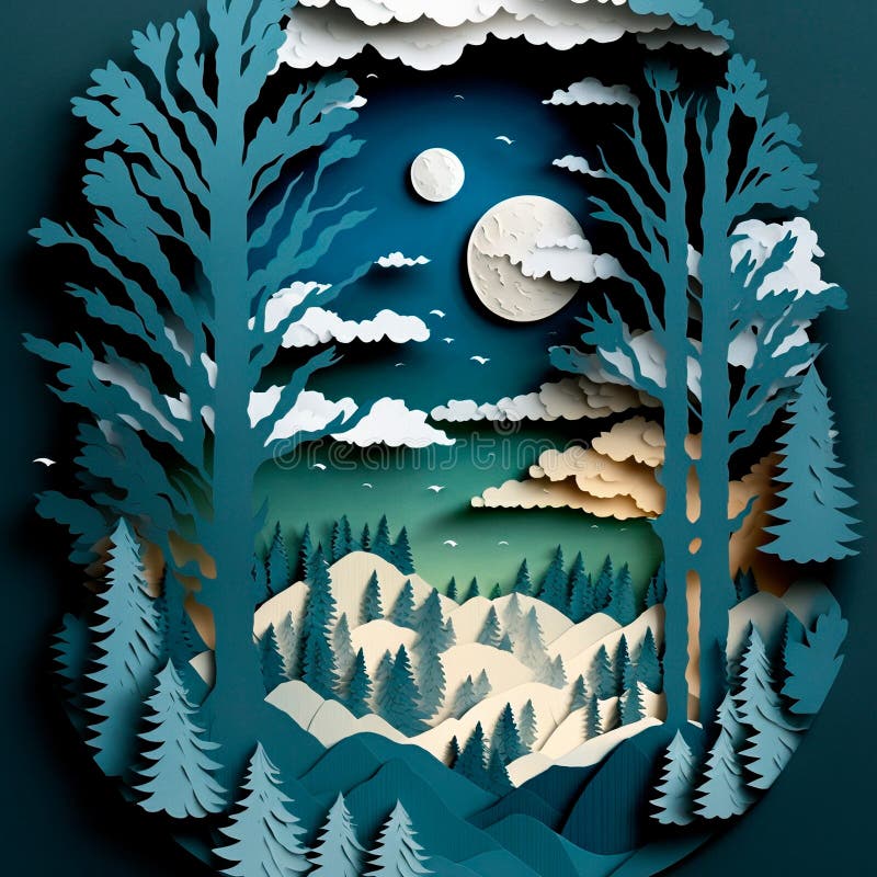 Multi-layered Crafts Made of Paper. Mountains, Trees, Forest and Clouds ...