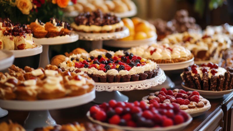 A Multi-Layered Dessert Display with Cakes, Tarts, and Berries Stock ...
