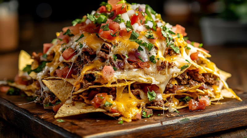 A Multi-layered Nacho Creation with Various Cheeses and Meats Stock ...