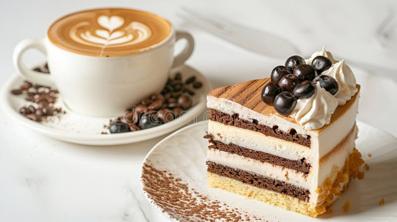 Multi-layered Piece of Cake with Different Textures, Next To a Coffee ...