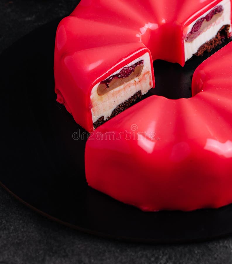 Multi Layered Raspberry Mousse Cake on Plate Stock Photo - Image of ...