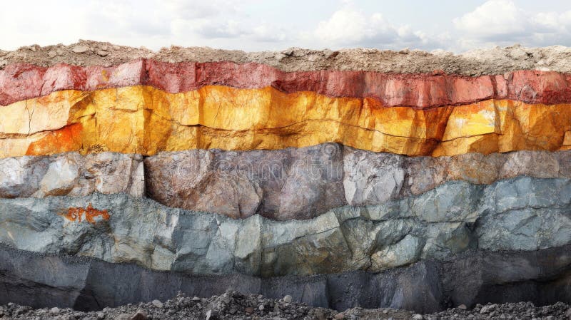 Multi-Layered Rock Formation with Red, Yellow, Gray, and Black Strata ...