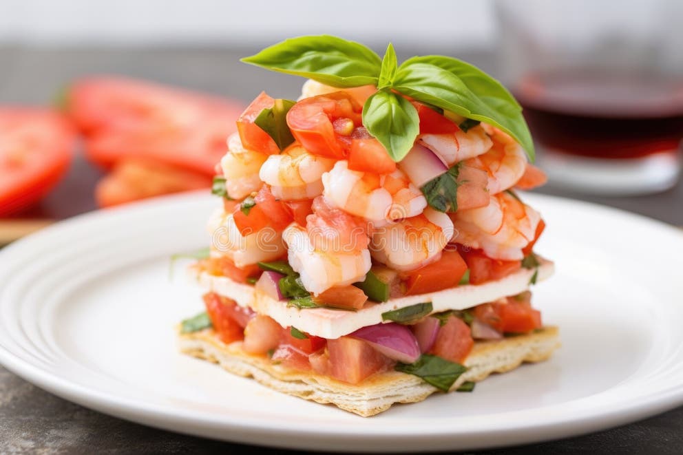Multi-layered Shrimp Bruschetta Stacked on a Square Plate Stock Image ...