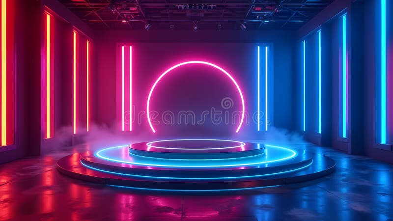 Multi-Layered Stage with Curved Neon Lights and Mist Effects Stock ...