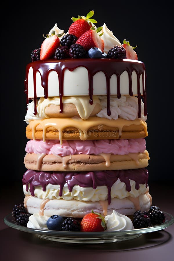 A Multi-layered Tall Cake with Diverse Flavor Combinations Stock ...