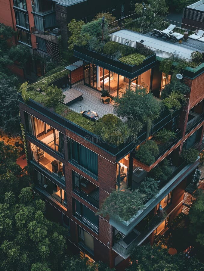 Multi-level Apartment Building with Rooftop Garden Stock Image - Image ...