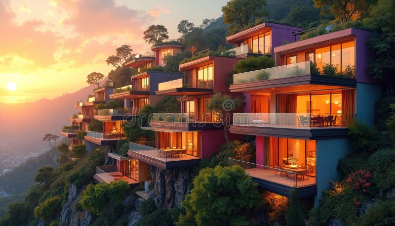 Multi-level Hillside Home Blends with Nature at Sunset. Modern ...