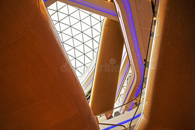 Multi-level Modern Light Interior in a Shopping Mall. Bottom View.i ...