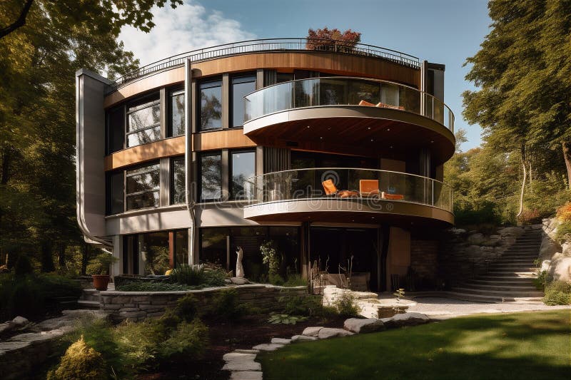 Multi Level Open Concept Modern Hose with Curved Exterior. AI Generated ...